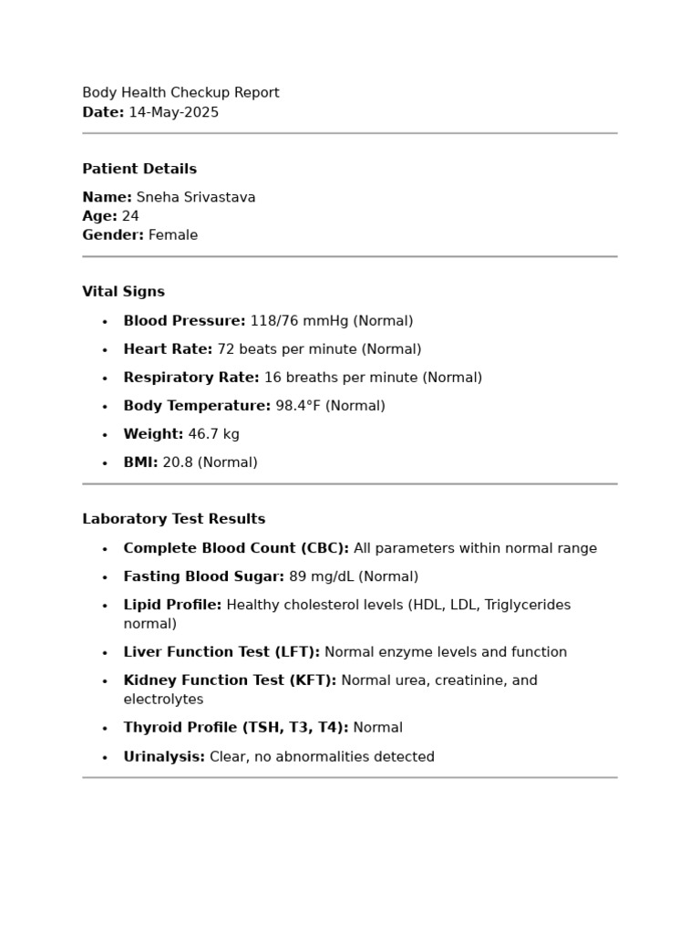 Comprehensive Full Body Health Checkup Report | PDF | Physical ...