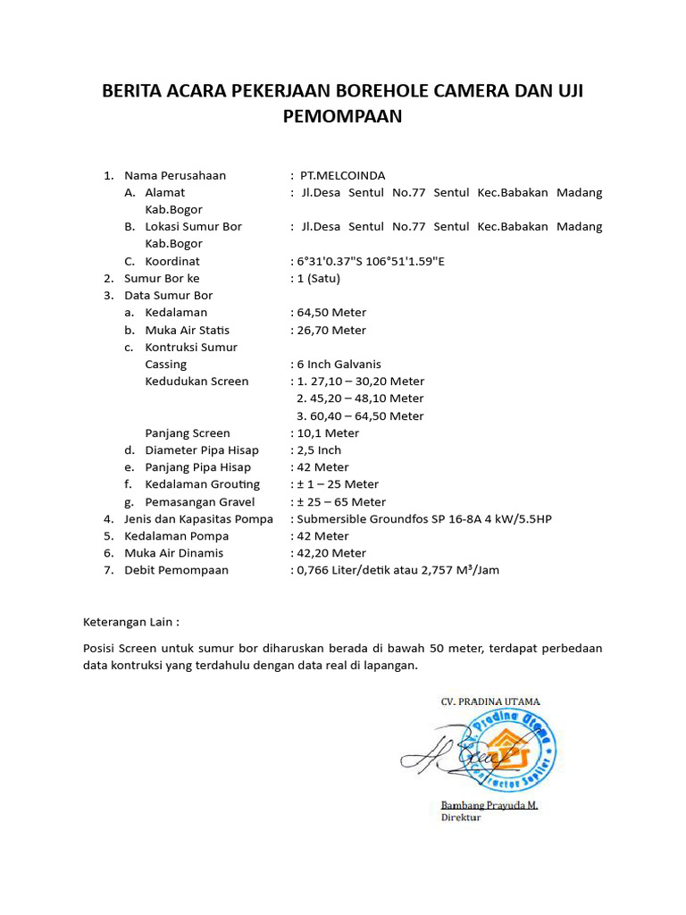 BERITA ACARA PEKERJAAN BOREHOLE CAMERA | PDF