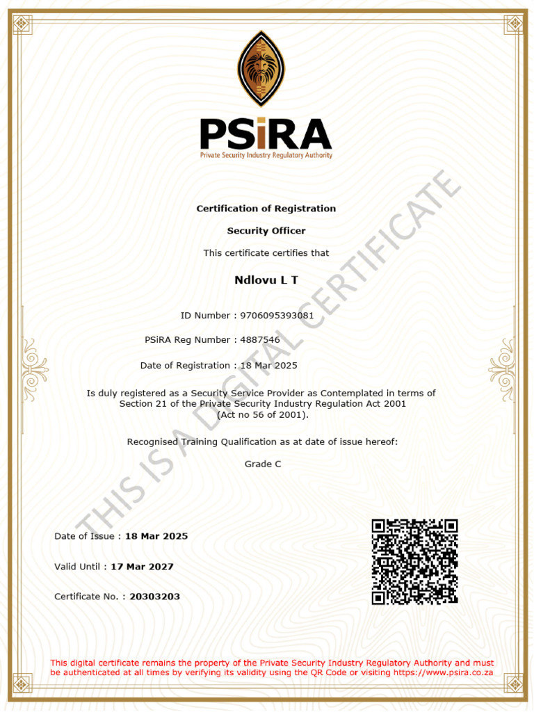 Certification of Registration Security Officer: Ndlovu L T | PDF