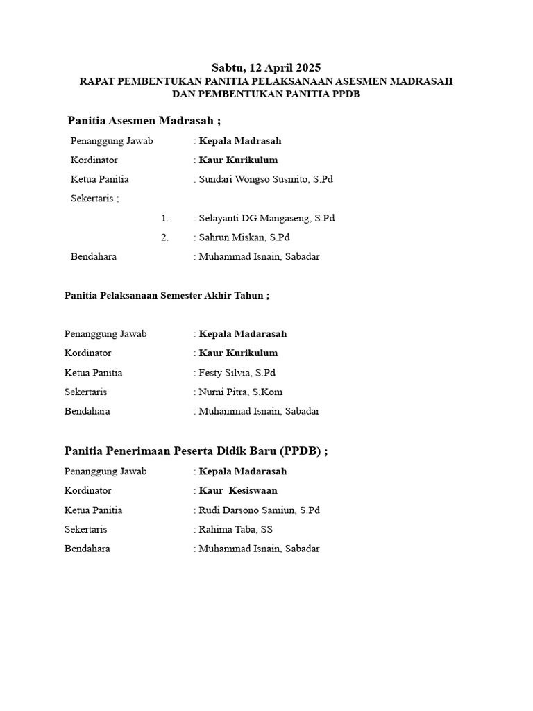 Hasil Rapat Pembentukan Panitia Am, Semester Dan PPDB | PDF