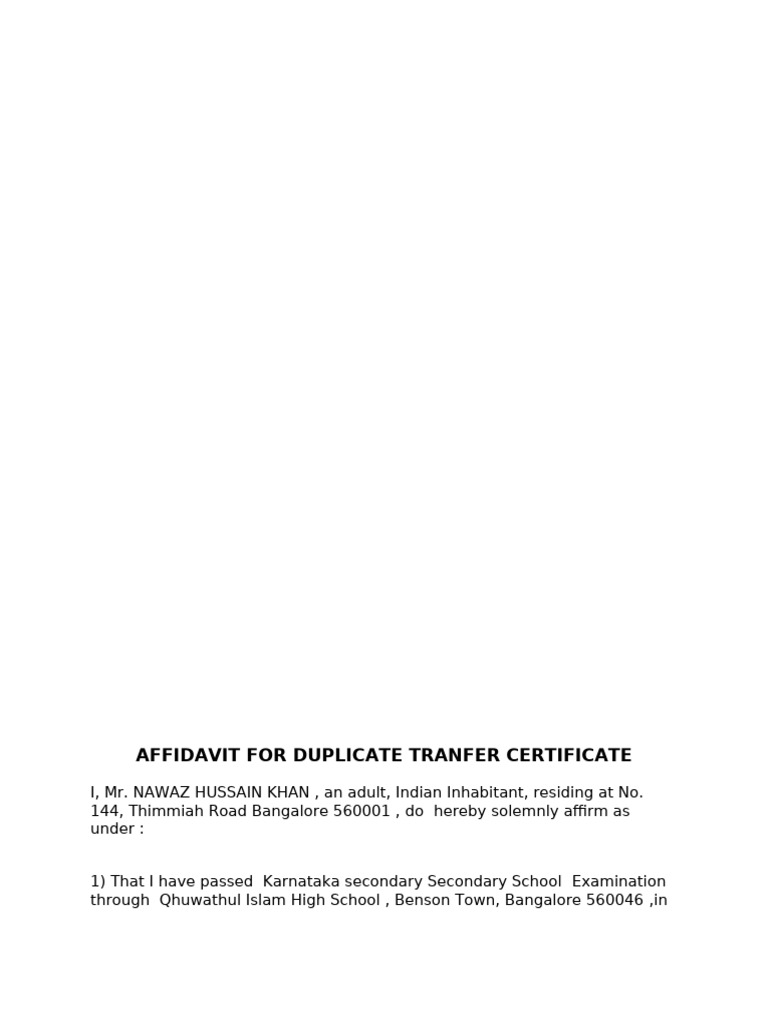 AFFIDAVIT FOR DUPLICATE TRANFER CERTIFICATE | PDF