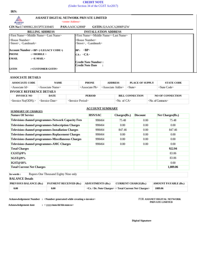 CATV Tax Credit Note Format BLANK 1245 | PDF | Payments | Taxes