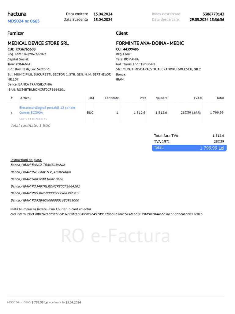 Factura MDS024 nr. 0665 MEDICAL DEVICE STORE SRL 15.04.2024 | PDF | Banks