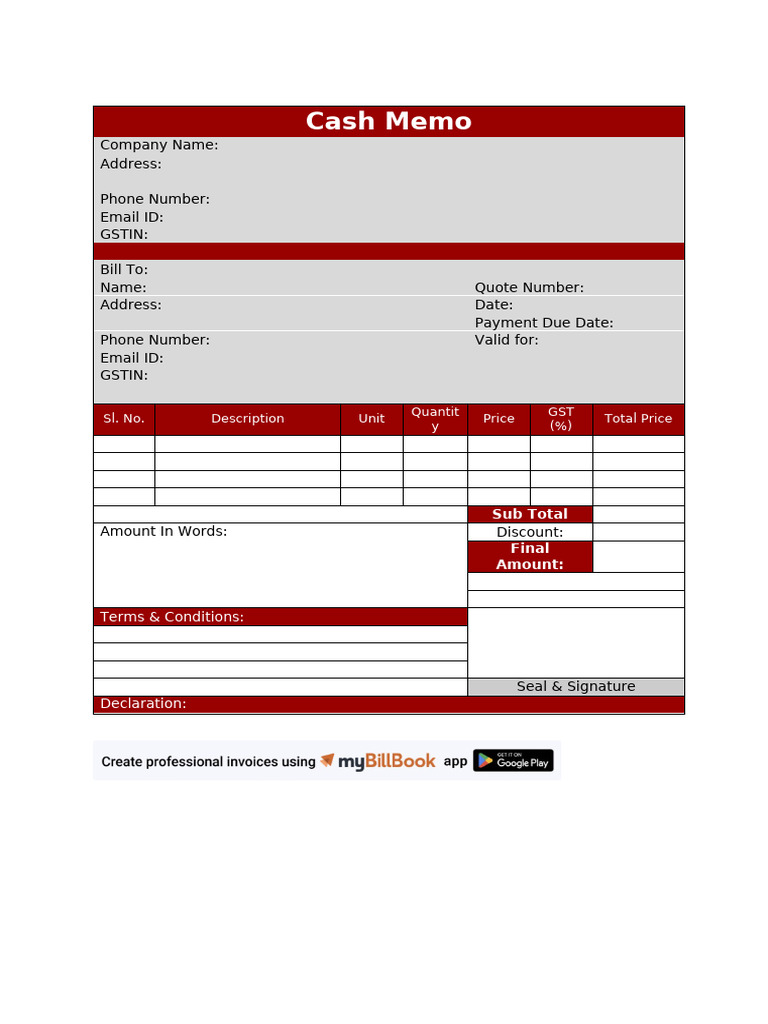 Cash Memo Simple | PDF