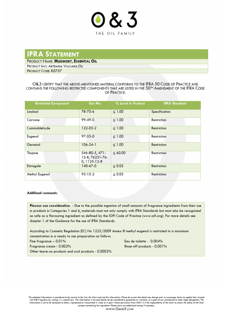 IFRA Statement Mugwort Essential Oil 2 | PDF | Perfume | Cosmetics