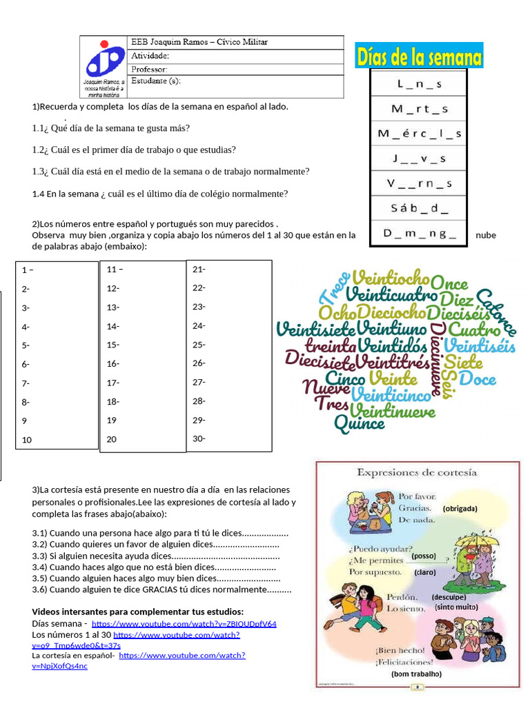 Actividad 7 Los Numeros 1 - 30 - Cortesia - Dia Semana | PDF