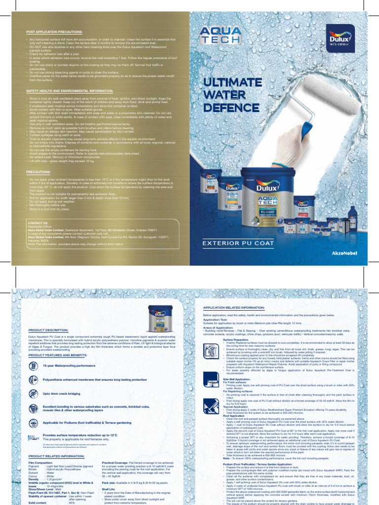 Pds Dulux Aquatech Exterior Pu Coat 15 Yrs | PDF | Paint | Concrete