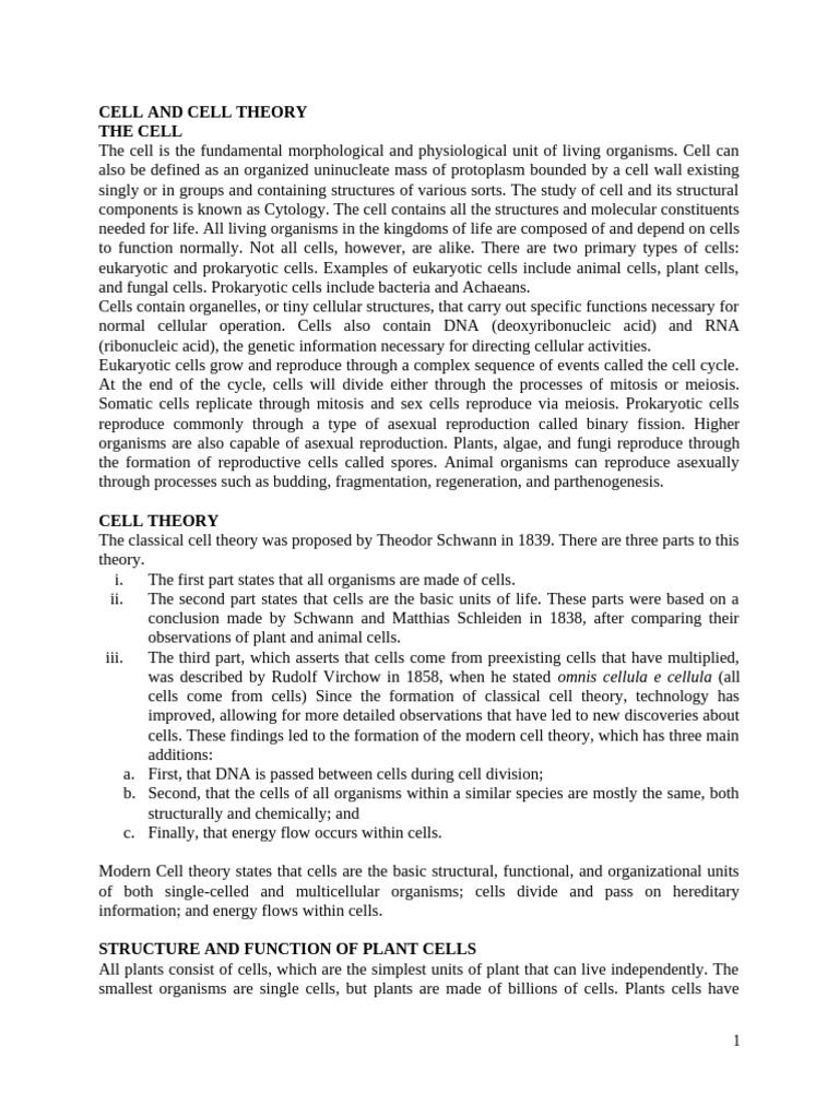 General Physiology I - CELL AND CELL THEORY | PDF | Cell (Biology ...