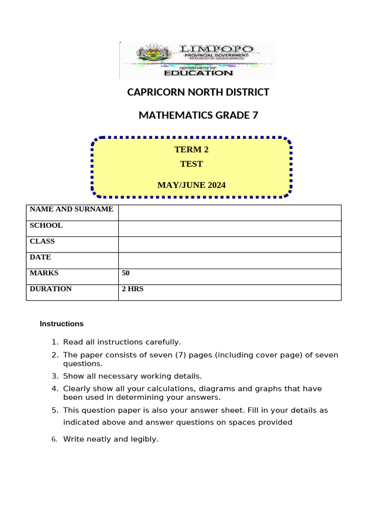 Grade 7 Mathematics Term 2 Exam 2024 | PDF | Mathematics | Arithmetic