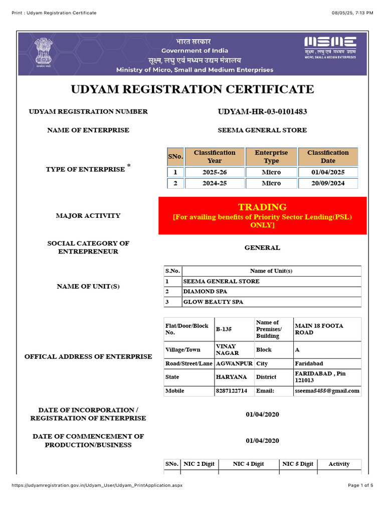 Print : Udyam Registration Certificate | PDF