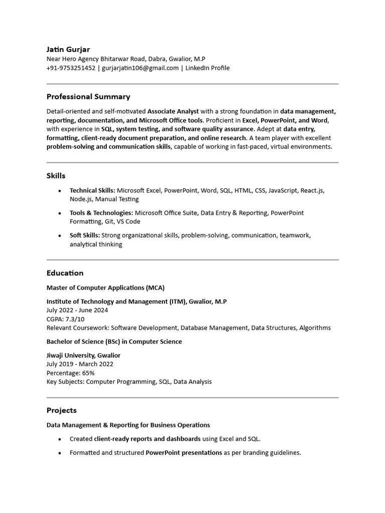 Jatin Gurjar Resume Deloitte | PDF
