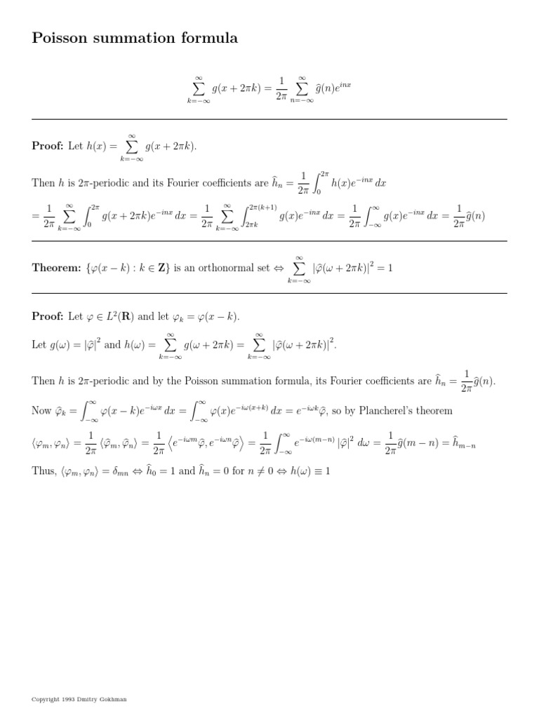 Poisson Summation Formula Pdf Fourier Transform Mathematical Analysis