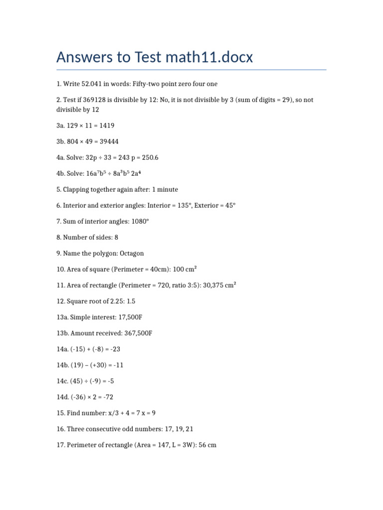 Math Test Answers and Solutions | PDF