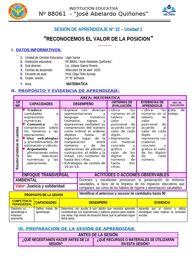 09-04-25 SESION 32 MATEMATICA - Reconocemos El Valor de La Posicion ...