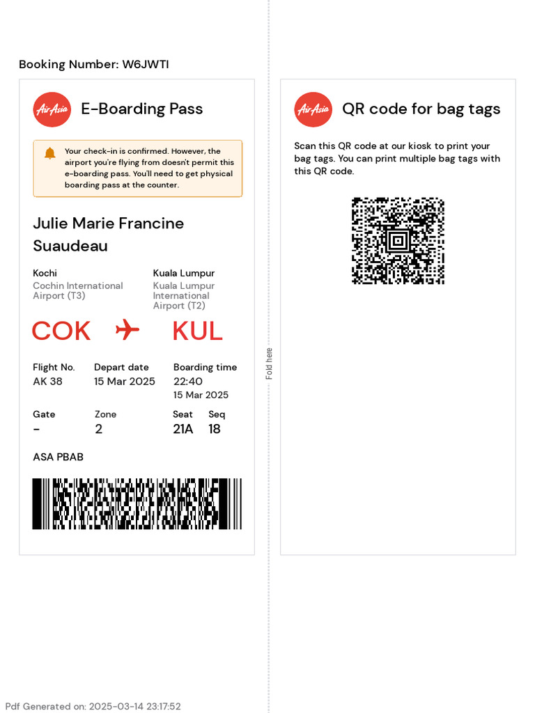 E-Boarding Pass QR Code For Bag Tags: Booking Number: W6JWTI | PDF