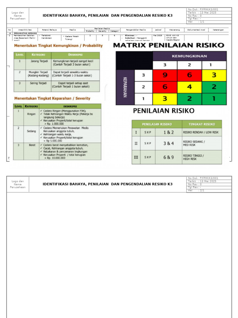 P-FRM-K3-001 Identifikasi Bahaya, Pengendalian Dan Penilaian Resiko K3 | PDF