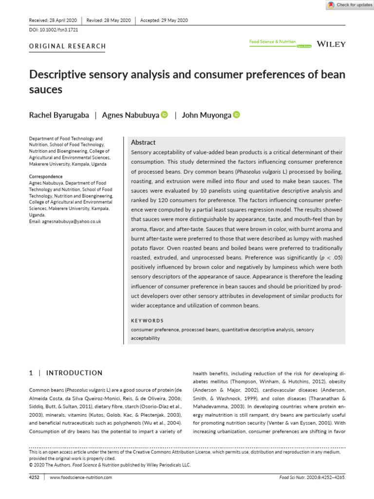 Food Science Nutrition - 2020 - Byarugaba - Descriptive sensory ...