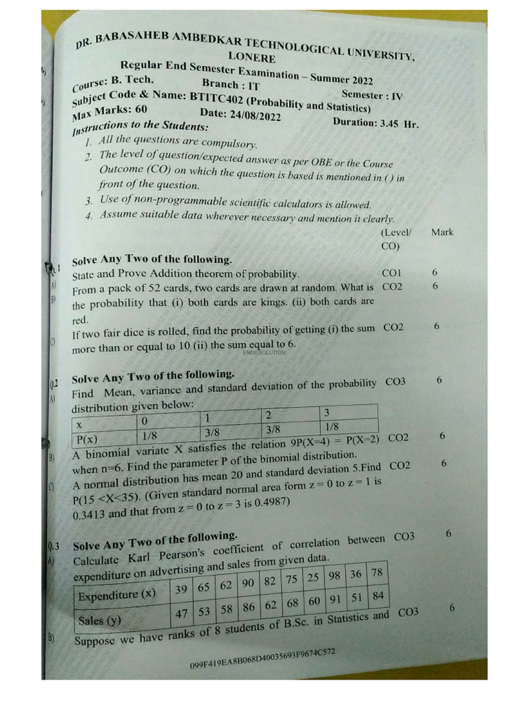 Question Papers of Probability & Statistics | PDF