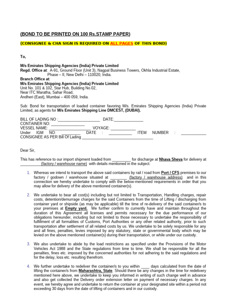 Container Transportation Bond Agreement | PDF | Indemnity | Business Law