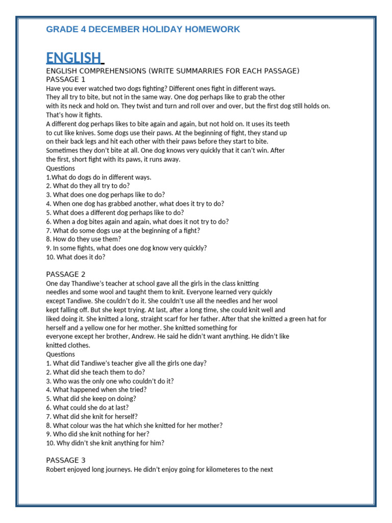 Grade 4 Holiday Homework: English Comprehensions | PDF | Rectangle