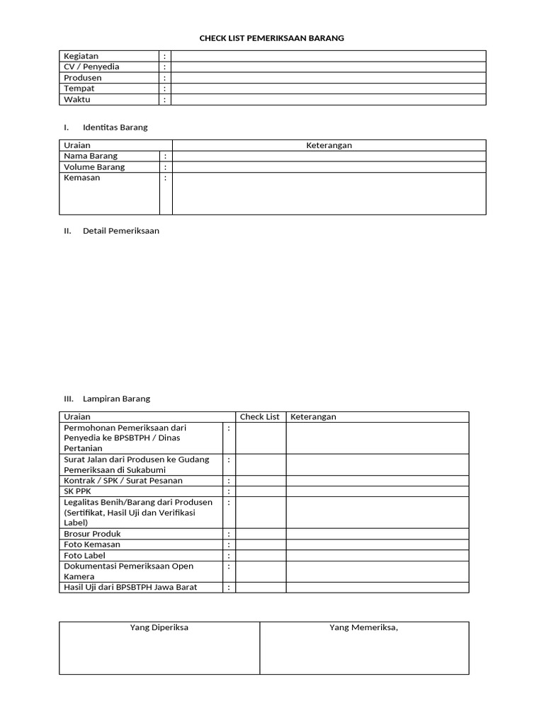 Check List Pemeriksaan Barang | PDF