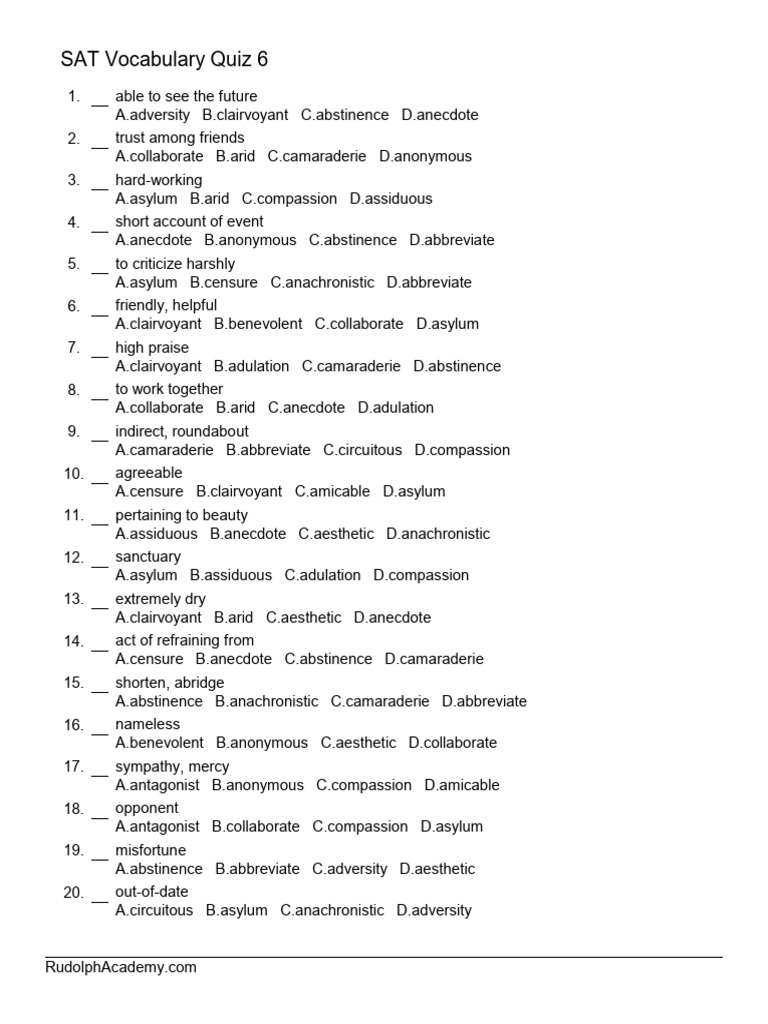 SAT Vocabulary Quiz 6 | PDF