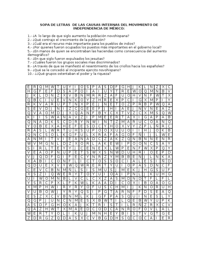 SOPA DE LETRAS DE LAS CAUSAS INTERNAS DEL MOVIMIENTO DE INDEPENDENCIA ...