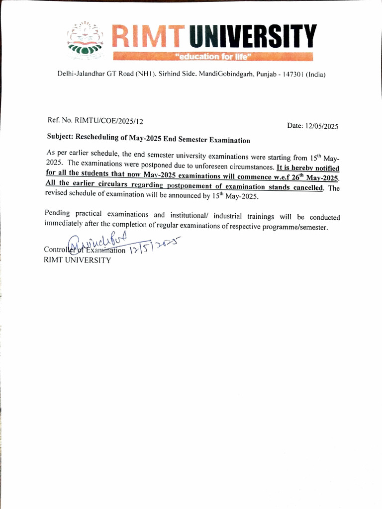 2025-12 Rescheduling of Examination | PDF