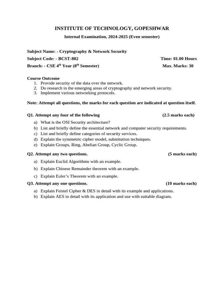 Cryptography & Network Security CSE 4th Year | PDF