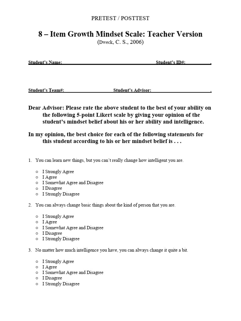 8-Item Growth Mindset Scale For Teachers | PDF | Mindset | Cognition