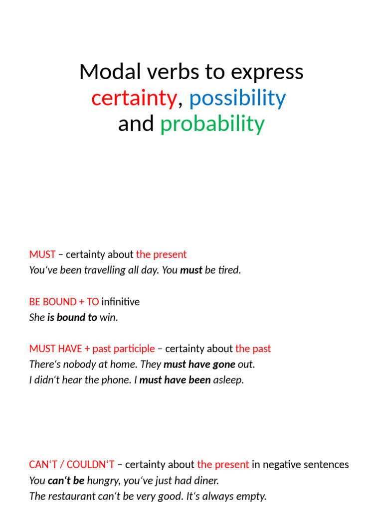 Modal Verbs To Express Certainty, Possibility and Probability | PDF | Verb | Language Families