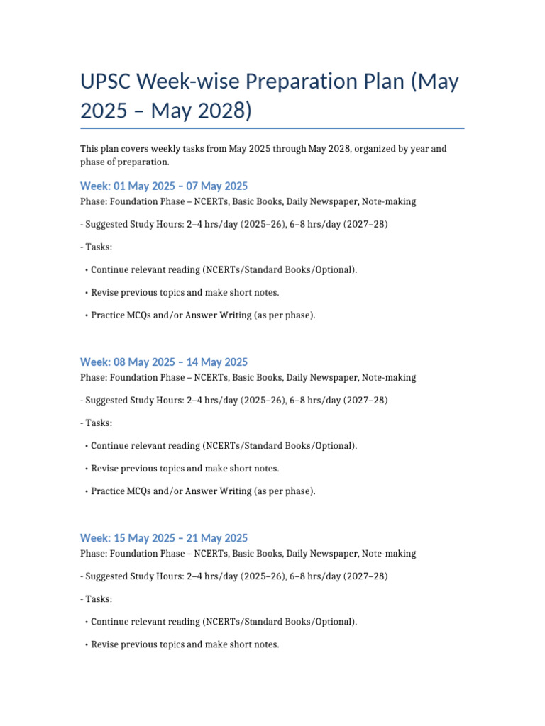 UPSC 2025-2028 Weekly Study Plan | PDF | Multiple Choice | Data Collection