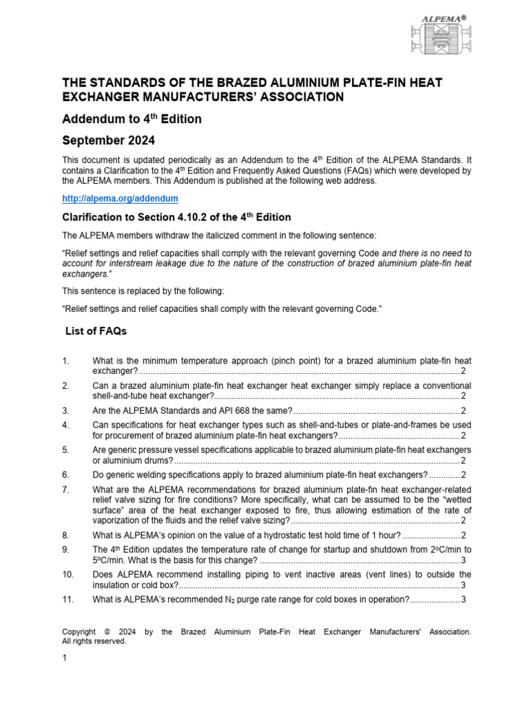 ALPEMA 2024 Standards Addendum | PDF | Leak | Heat Exchanger