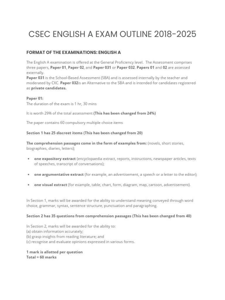 Csec English A Exam Outline 2018-2025 | PDF | Reading Comprehension ...