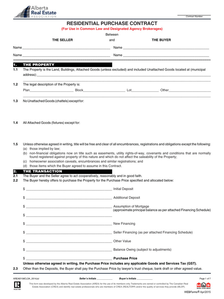AREA Residential Purchase Contract | PDF | Mortgages | Private Law