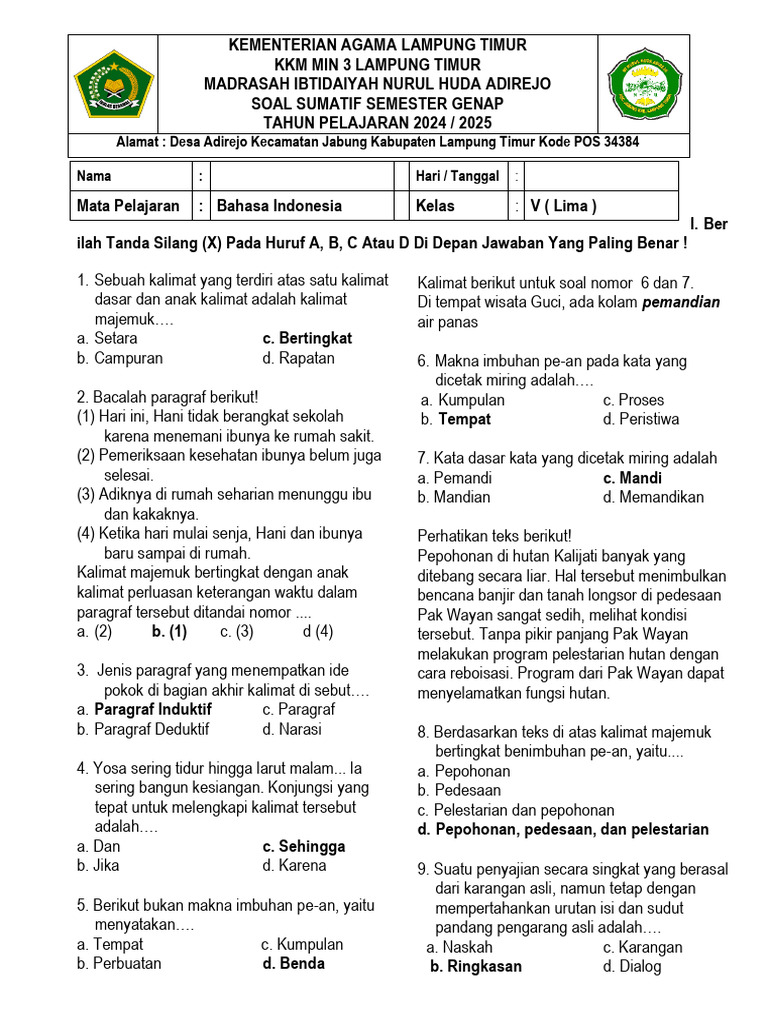 Soal Sas Genapp Bahasa Indonesia Kelas 5 Mi | PDF