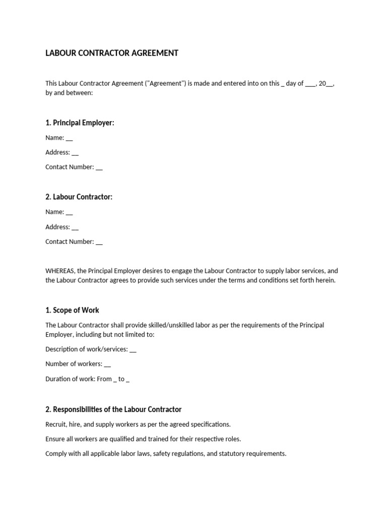 Labour Contractor Agreement | PDF | Employment | Labour Law