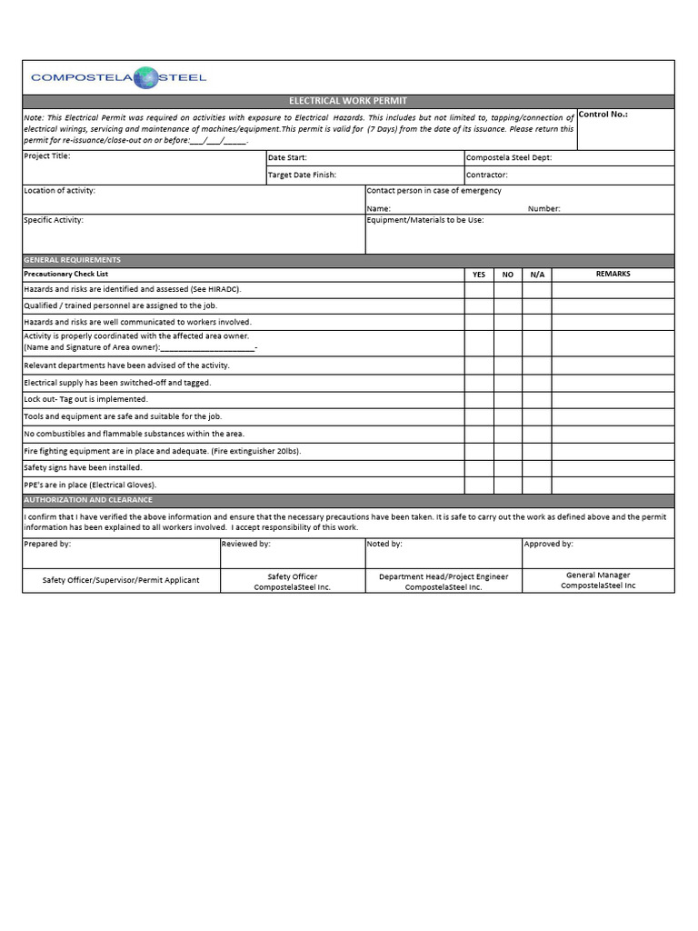 Electrical Work Permit Checklist | PDF | Safety | Occupational Safety ...