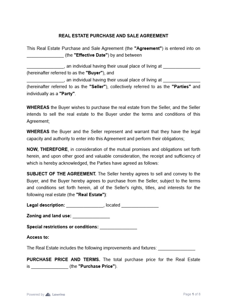 Real Estate Purchase Agreement Template | PDF | Indemnity | Title Insurance