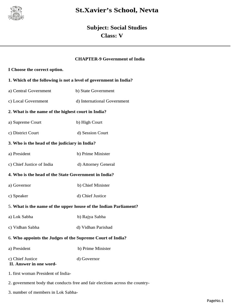 S.ST Work Sheet V Ch-9 Government of India | PDF | Government Of India ...
