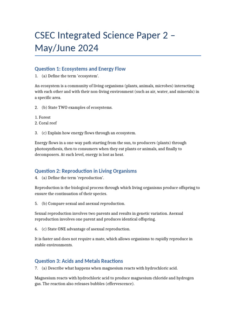 CSEC Integrated Science 2024 Paper2 QA | PDF | Malnutrition | Reproduction