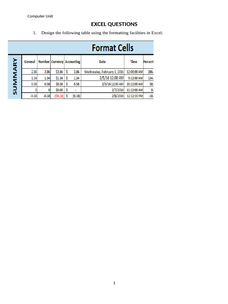 Excel Exercise 1 for Arts | PDF | Spreadsheet | Microsoft Excel