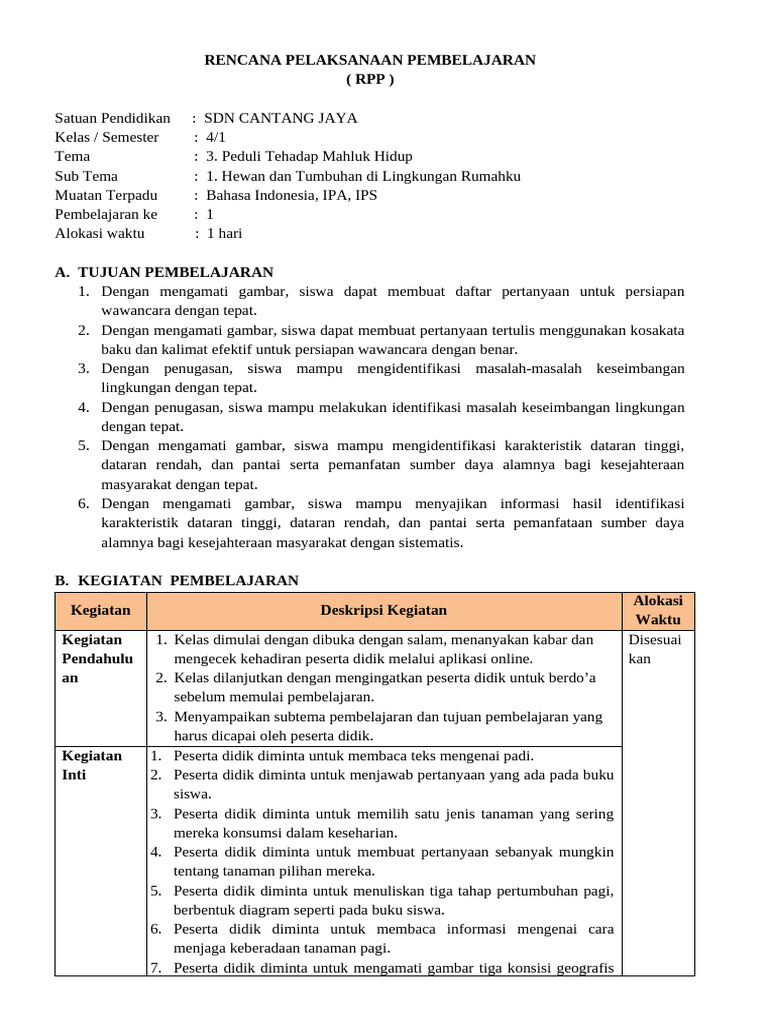 RPP Kelas 4 Tema 3 Subtema 1 | PDF