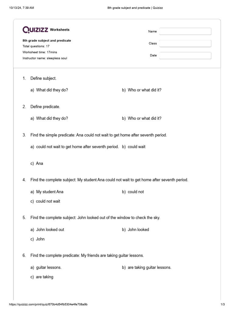 8th Grade Subject and Predicate Quiz | PDF | Syntax | Grammar