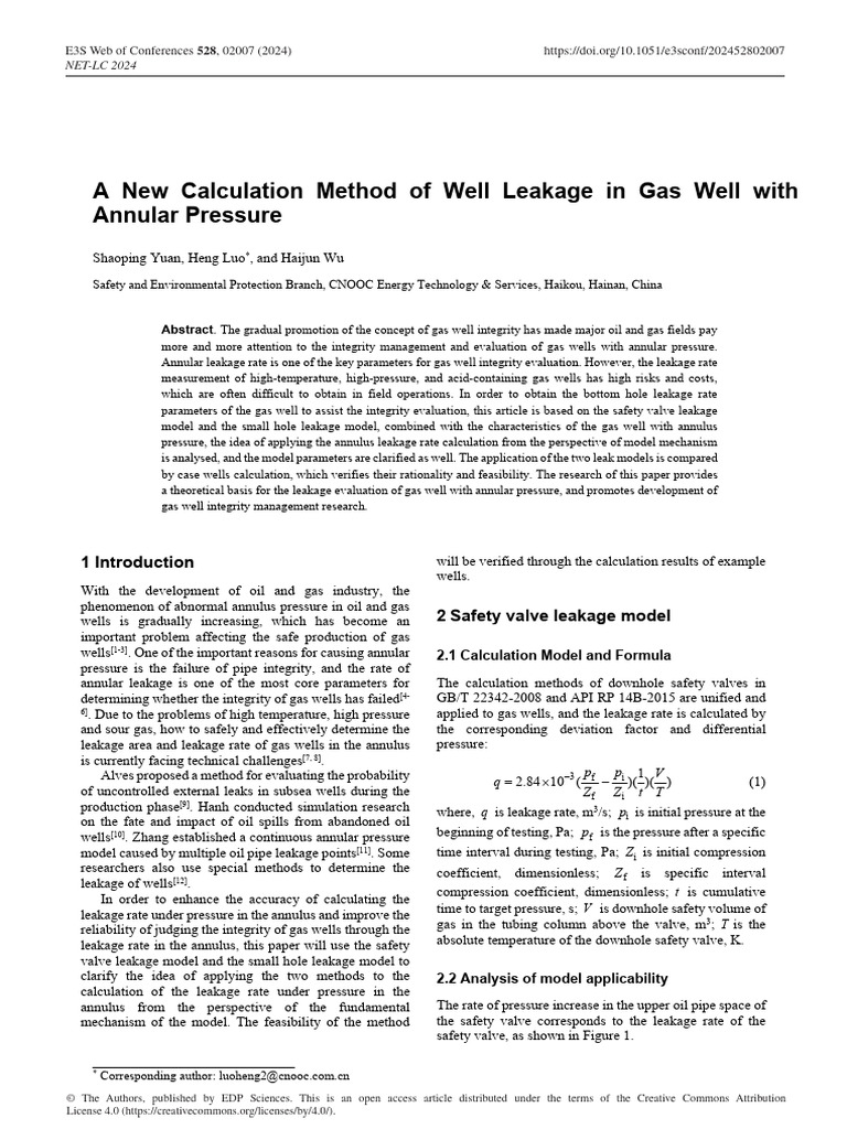 A New Calculation Method of Well Leakage in Gas We | PDF | Gases | Oil Well