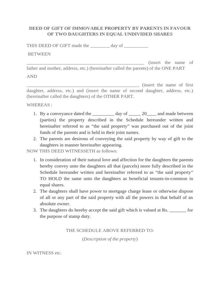 Gift Deed of Gift of Immovable Property by Parents in Favour of Two ...