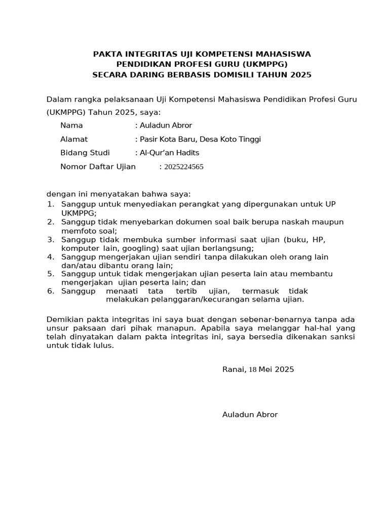 Pakta Integritas Up Abror | PDF