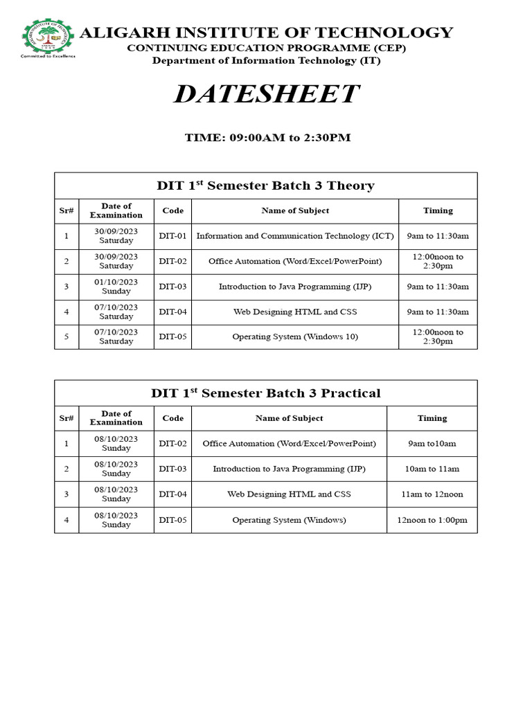 Date Sheet DIT CIT Examination Batch 3 and 2 | PDF | Microsoft Access | Computing