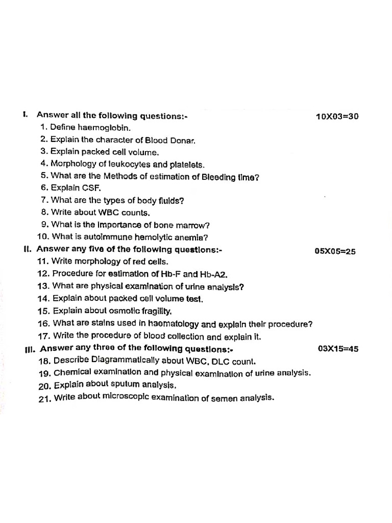 Haematology DMLT Previous Year Questions | PDF
