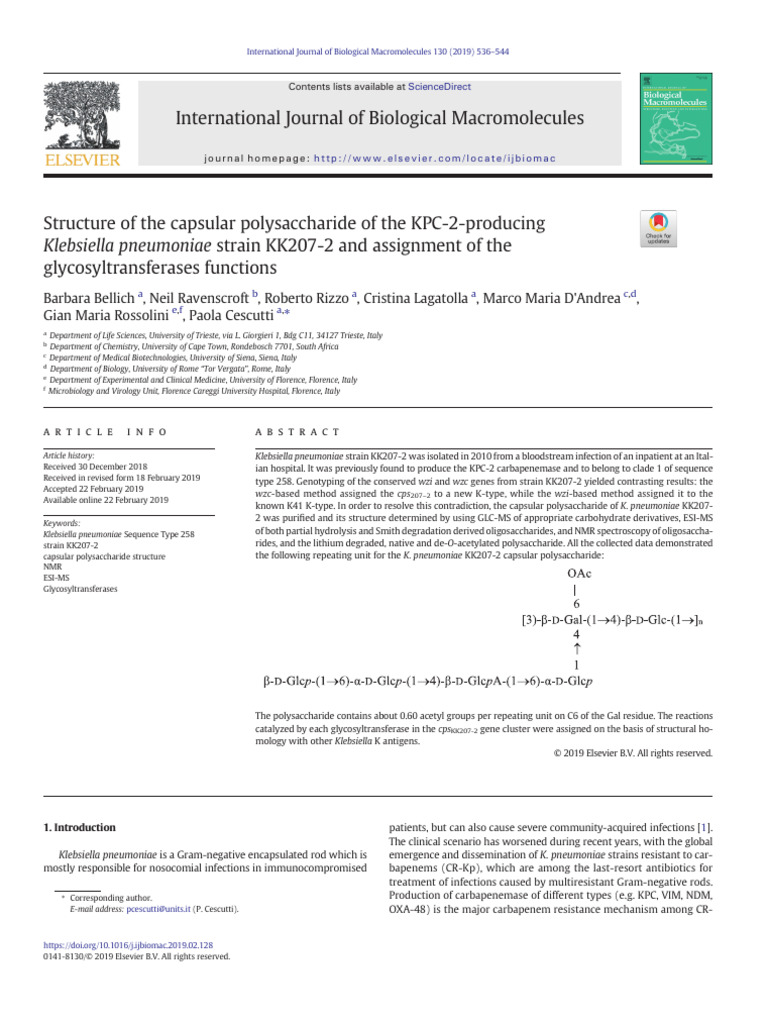 WZC Structure of the Capsular Polysaccharide of the KPC-2-Producing Klebsiella Pneumoniae Strain ...
